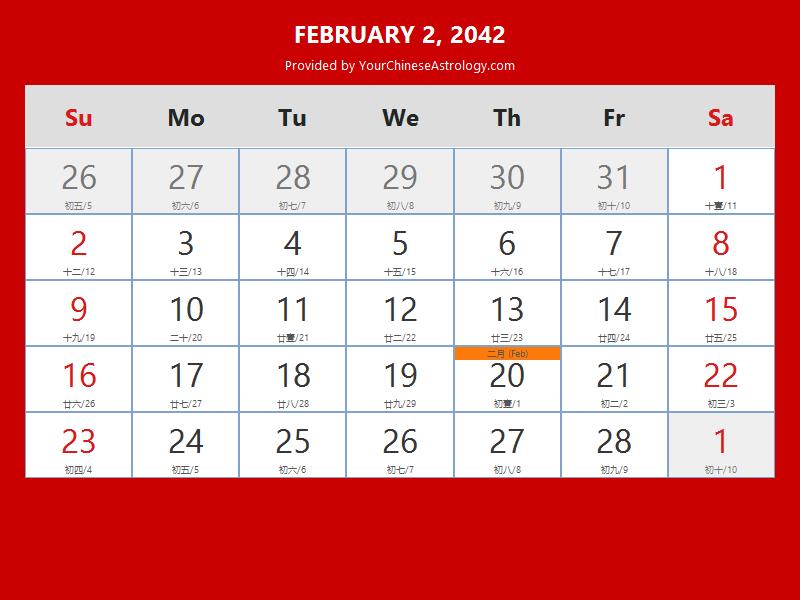 Chinese Calendar Feb 02, 2042: Auspicious Things to Do and Hours, Bazi