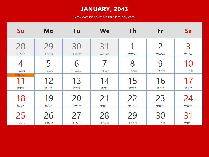 Chinese Calendar 2043, Year of The Pig, 2043 Lunar Calendar