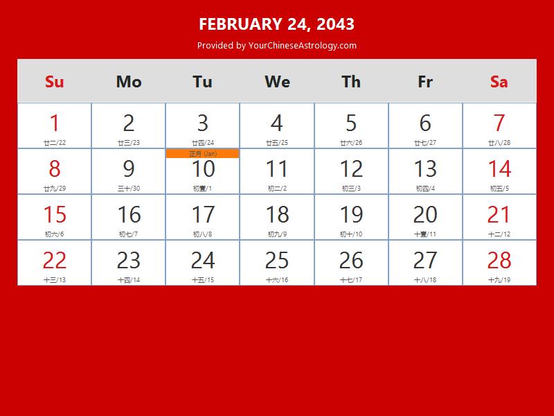 Chinese Calendar Feb 24, 2043: Auspicious Things to Do and Hours, Bazi