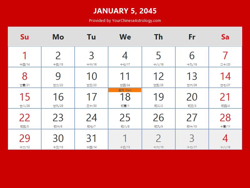 Chinese Calendar Jan 05, 2045: Auspicious Things to Do and Hours, Bazi