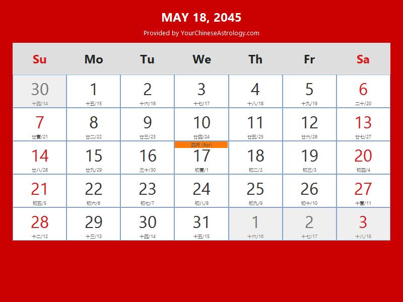 Chinese Calendar May 18, 2045: Auspicious Things to Do and Hours, Bazi