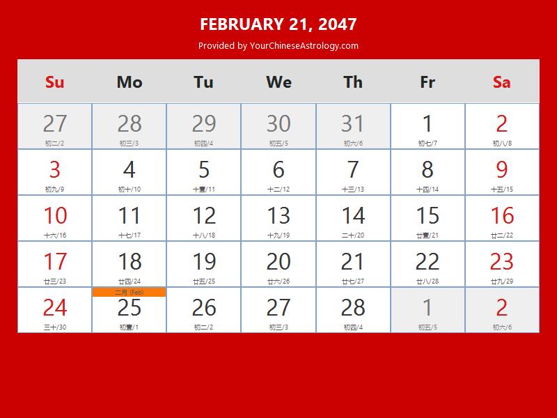 Chinese Calendar Feb 21, 2047: Auspicious Things to Do and Hours, Bazi