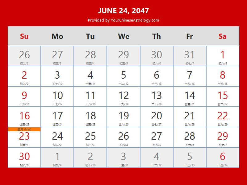 Chinese Calendar Jun 24, 2047: Auspicious Things to Do and Hours, Bazi
