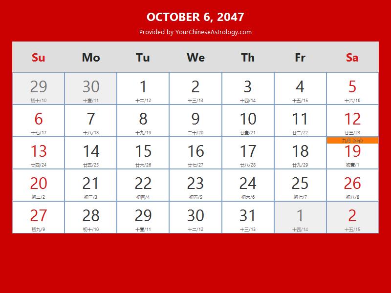 Chinese Calendar Oct 06, 2047: Auspicious Things to Do and Hours, Bazi