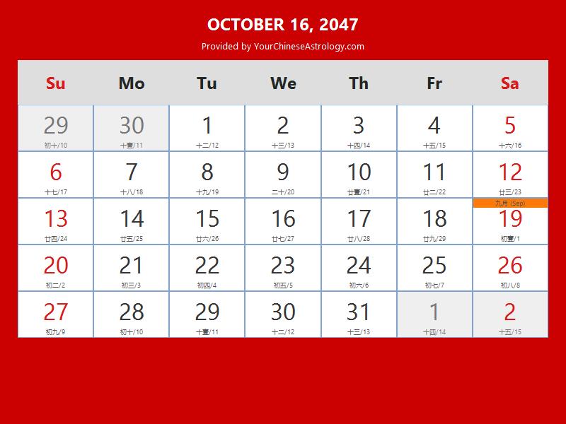 Chinese Calendar Oct 16, 2047: Auspicious Things to Do and Hours, Bazi
