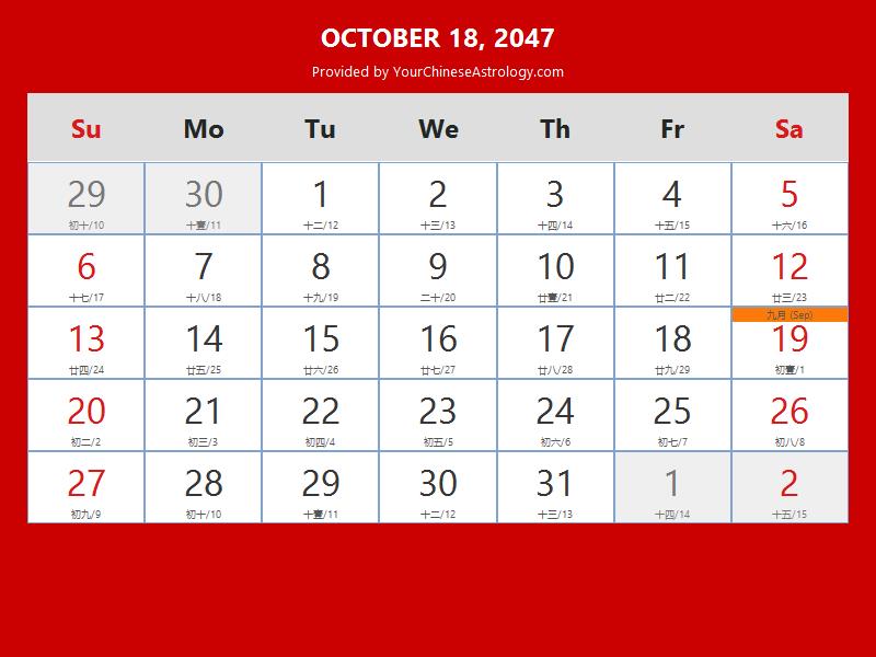 Chinese Calendar Oct 18, 2047: Auspicious Things to Do and Hours, Bazi