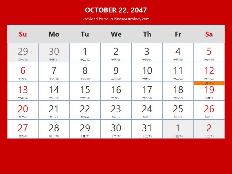 Chinese Calendar Oct 22, 2047: Auspicious Things to Do and Hours, Bazi