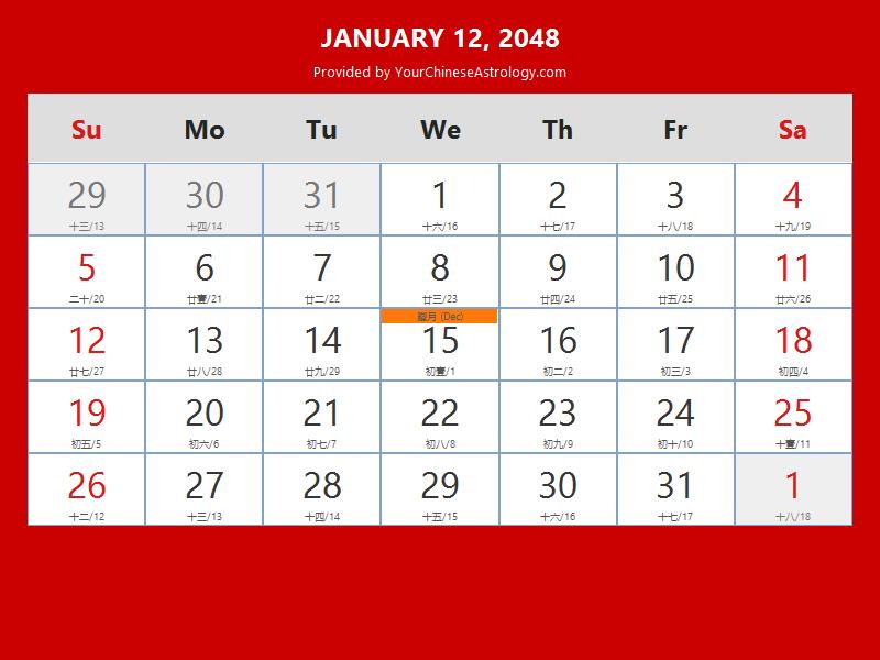 Chinese Calendar Jan 12, 2048: Auspicious Things to Do and Hours, Bazi