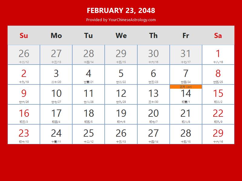 Chinese Calendar Feb 23, 2048: Auspicious Things to Do and Hours, Bazi
