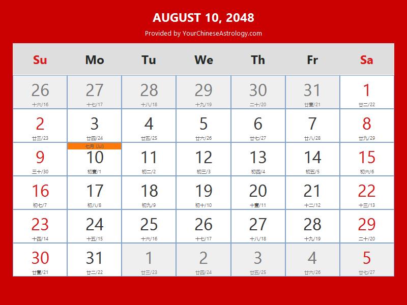 Chinese Calendar Aug 10, 2048: Auspicious Things to Do and Hours, Bazi