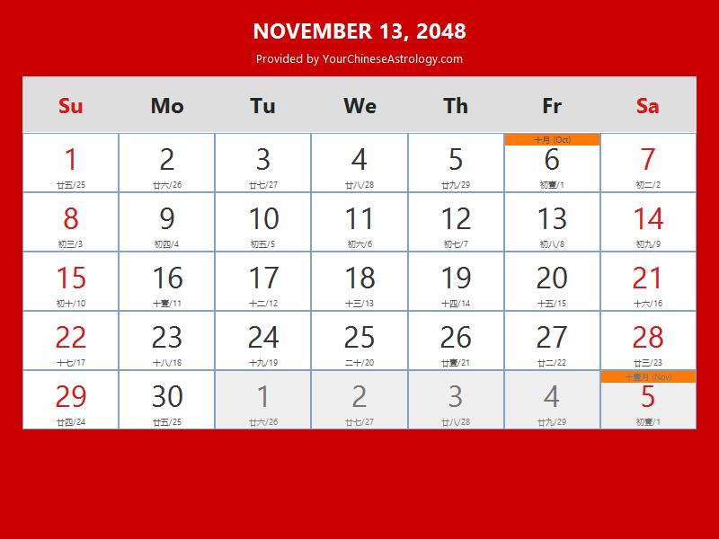 Chinese Calendar Nov 13, 2048: Auspicious Things to Do and Hours, Bazi