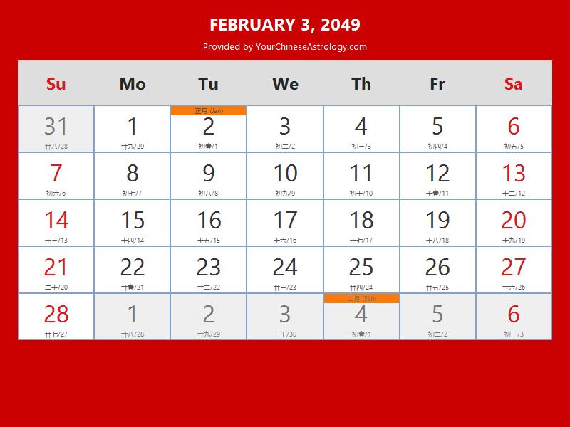 Chinese Calendar Feb 03, 2049: Auspicious Things to Do and Hours, Bazi