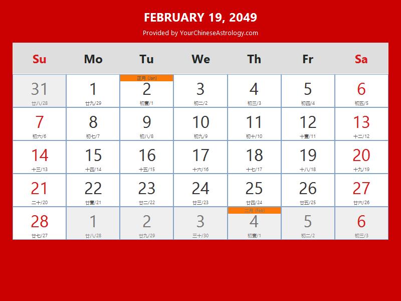 Chinese Calendar Feb 19, 2049: Auspicious Things to Do and Hours, Bazi