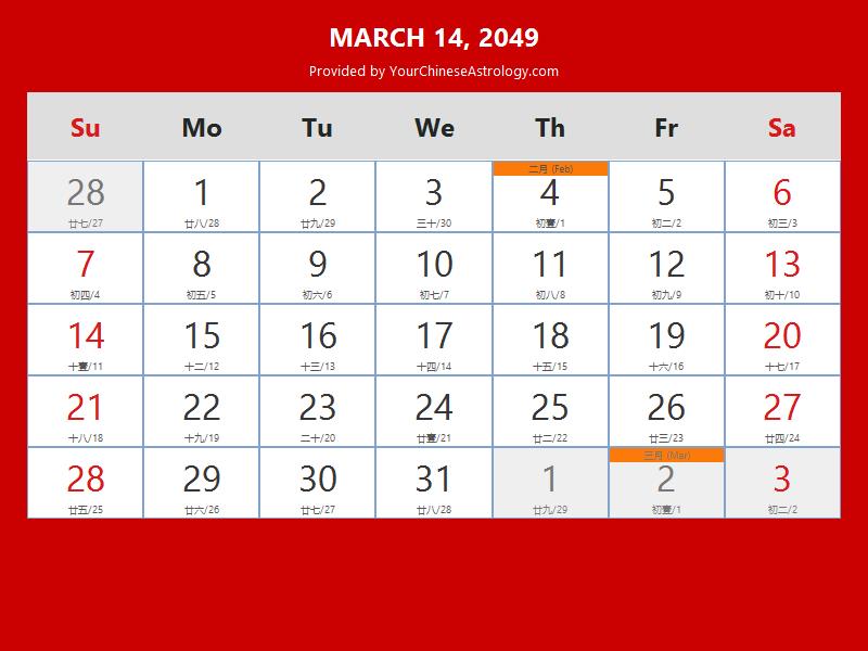 Chinese Calendar Mar 14, 2049: Auspicious Things to Do and Hours, Bazi
