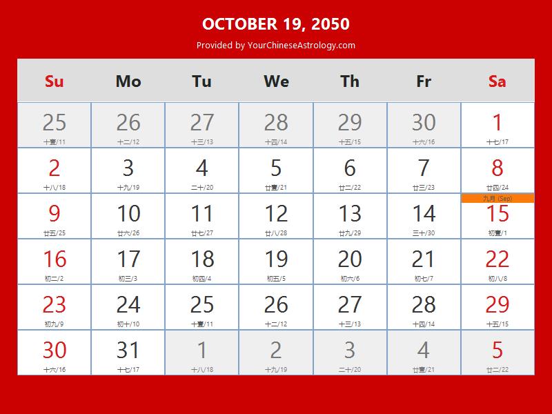 Chinese Calendar Oct 19, 2050: Auspicious Things to Do and Hours, Bazi